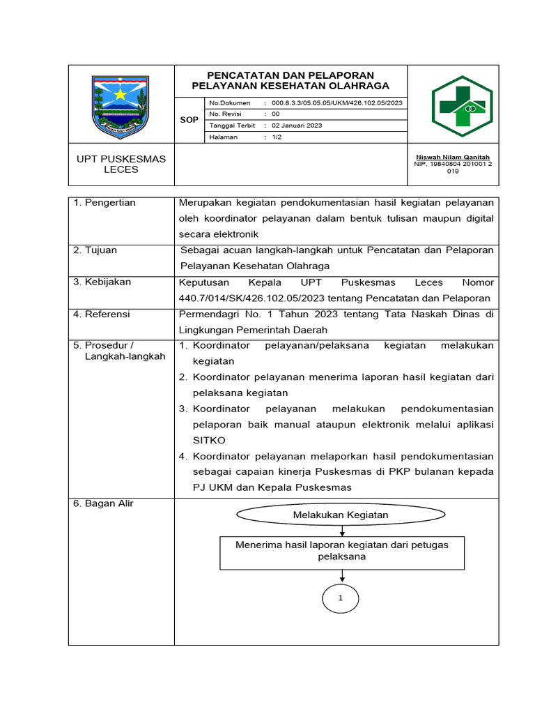SOP Pelaporan Kesehatan Olahraga | PDF