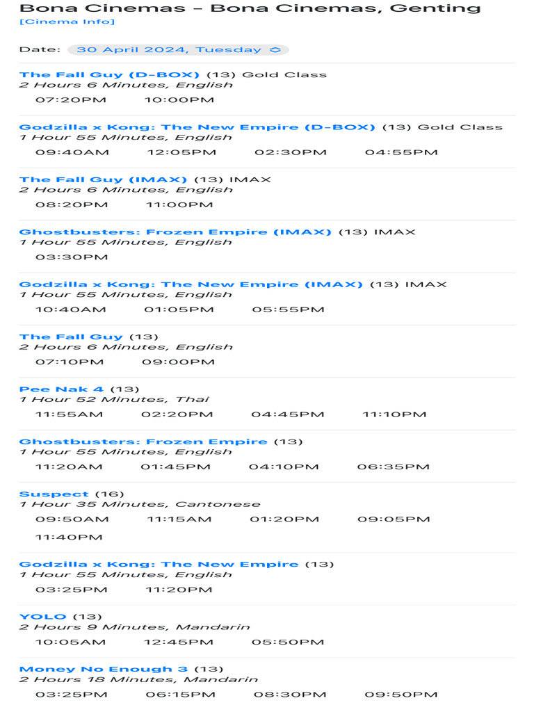 Bona Cinemas Genting Showtimes April 2024 | PDF