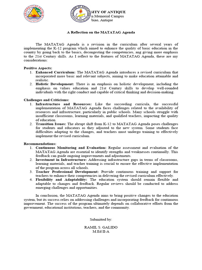 Reflection On MATATAG | PDF | Curriculum | Teachers