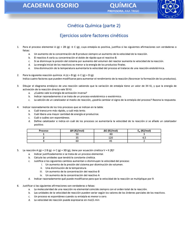 Ejercicios Cin Tica Qu Mica Parte 2 | PDF | Cinética química | Entalpía