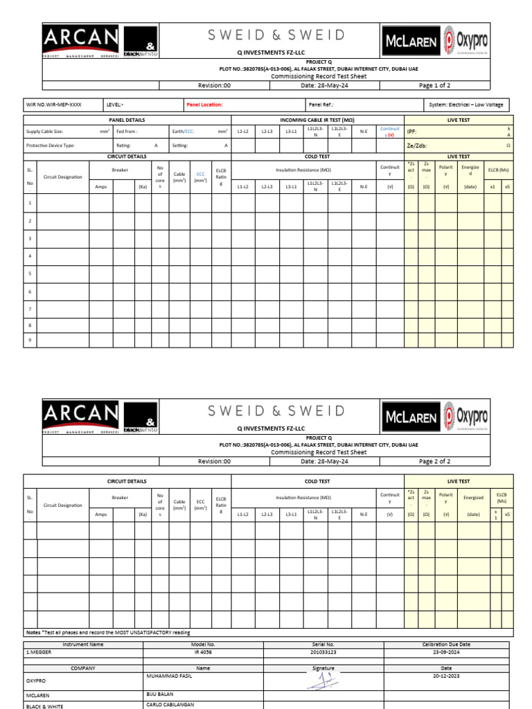 Commissioning Record Test Sheet of Main-Sub-Main-DB Outgoing Cables ...