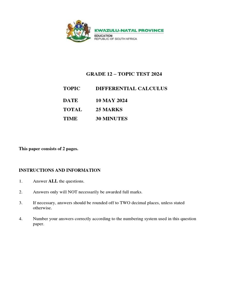 2024 Kzn Informal Test Template Pdf