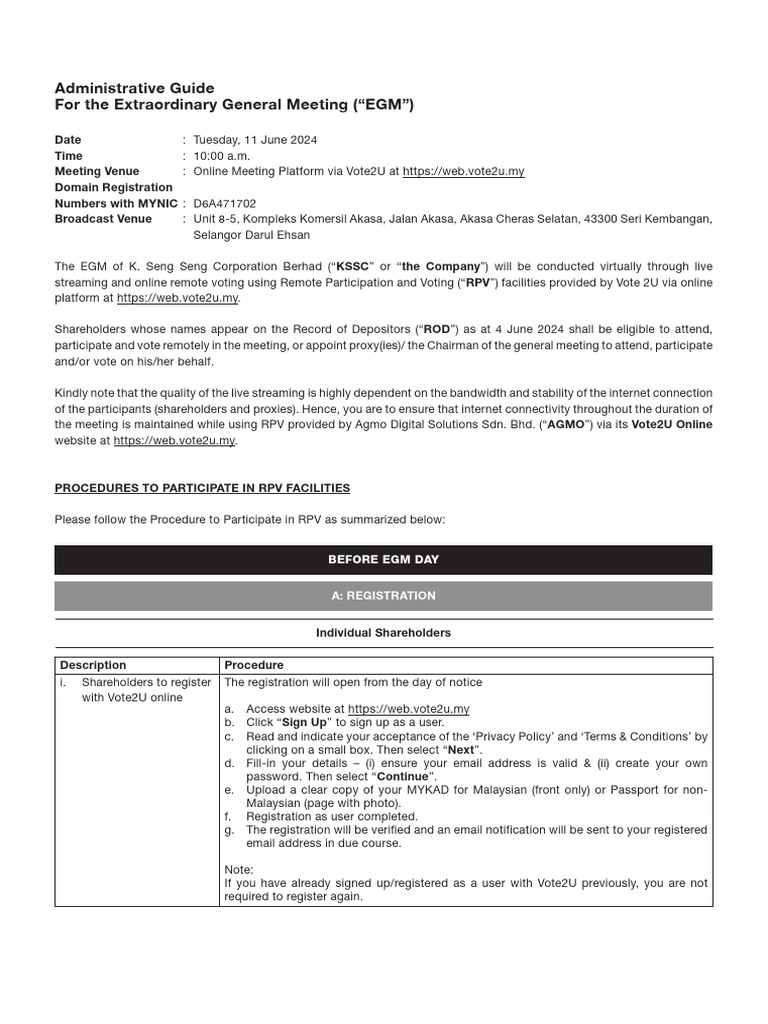 KSSC - EGM Administrative Guide | PDF | Proxy Voting | Board Of Directors