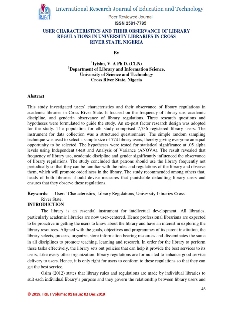 USER CHARACTERISTICS AND THEIR OBSERVANCE OF LIBRARY REGULATIONS IN ... USER CHARACTERISTICS AND THEIR OBSERVANCE OF LIBRARY REGULATIONS IN ...