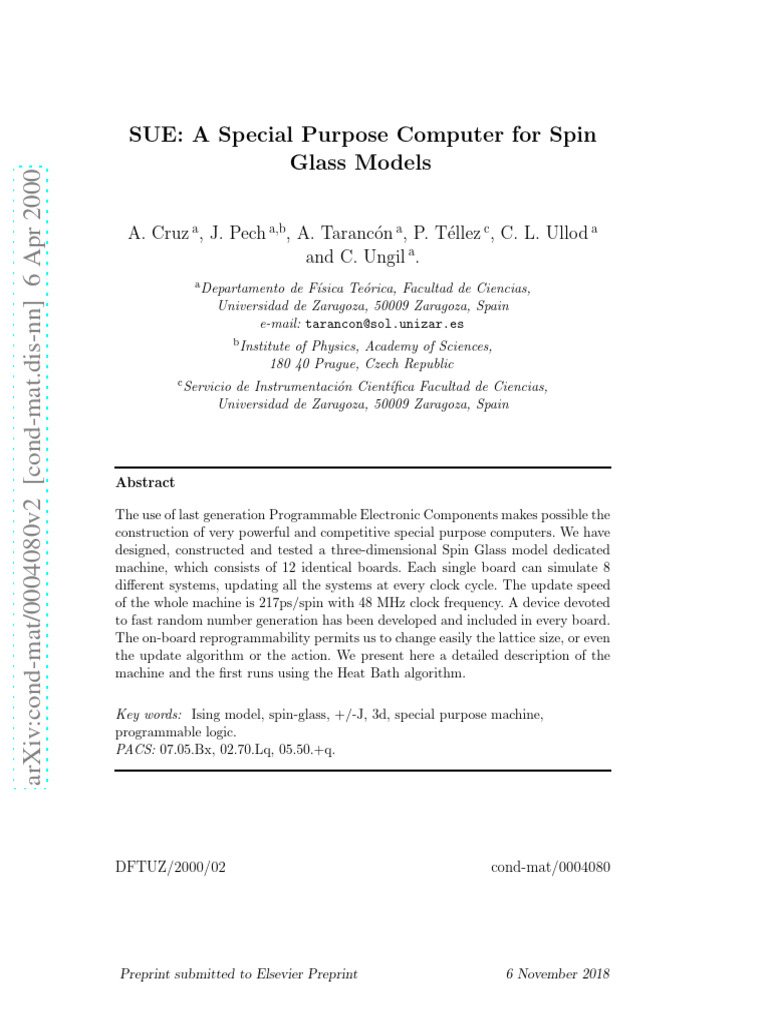 SUE: A Special Purpose Computer for Spin Glass Models | PDF | Physical ...