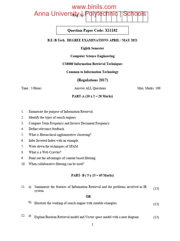 Information Retrieval Techniques-Anna University QP | PDF | Information ...