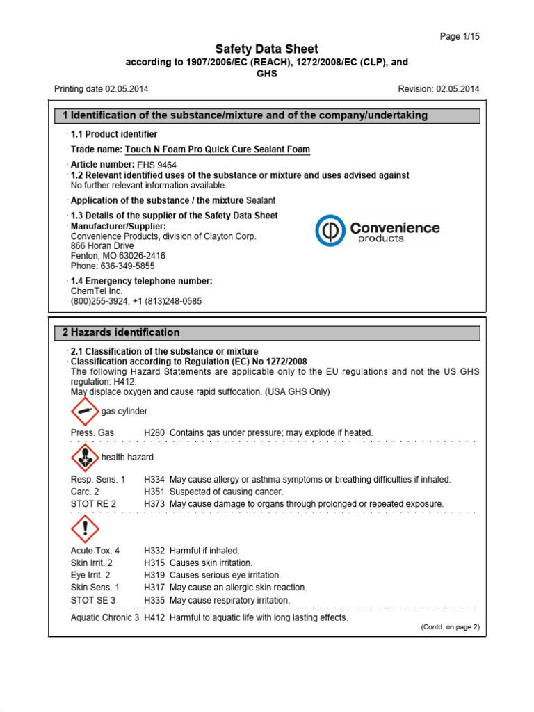 Touch N Foam Pro Sealant Safety Data Sheet Pdf Dangerous Goods