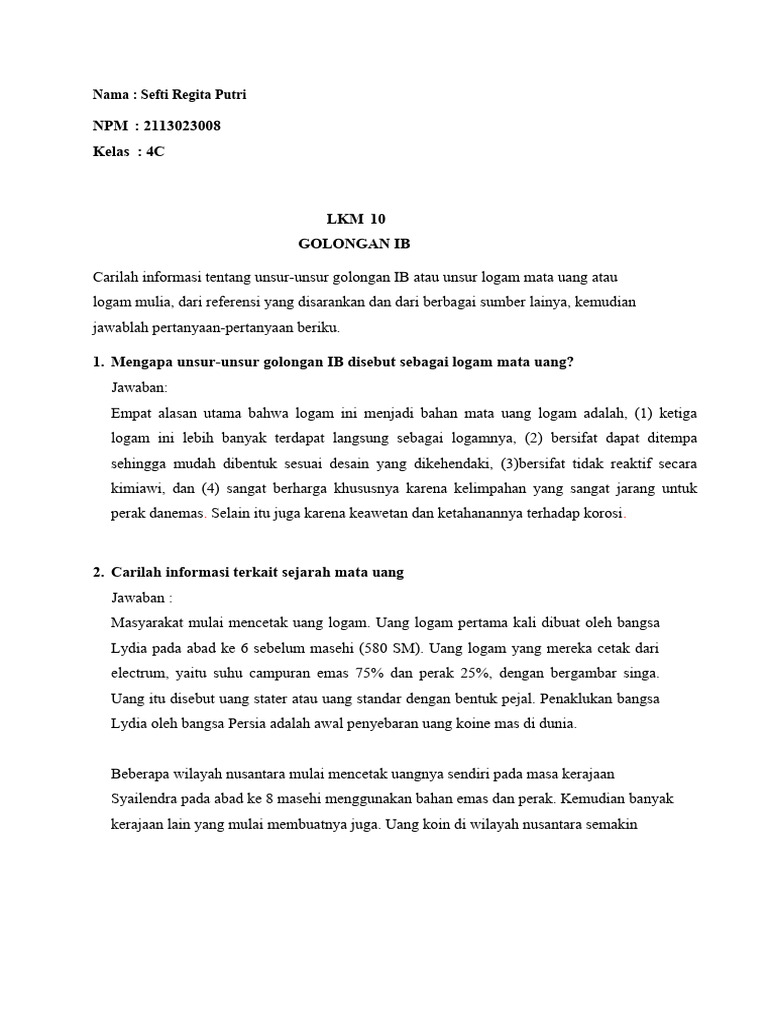Adelia Putri - 2013023014 - LKM 12. Unsur Golongan IB | PDF | Sains & Matematika