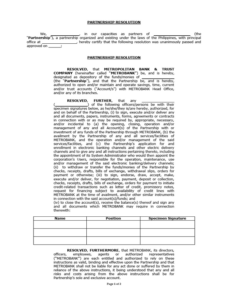 Partnership Resolution for Bank Account | PDF | Negotiable Instrument ...
