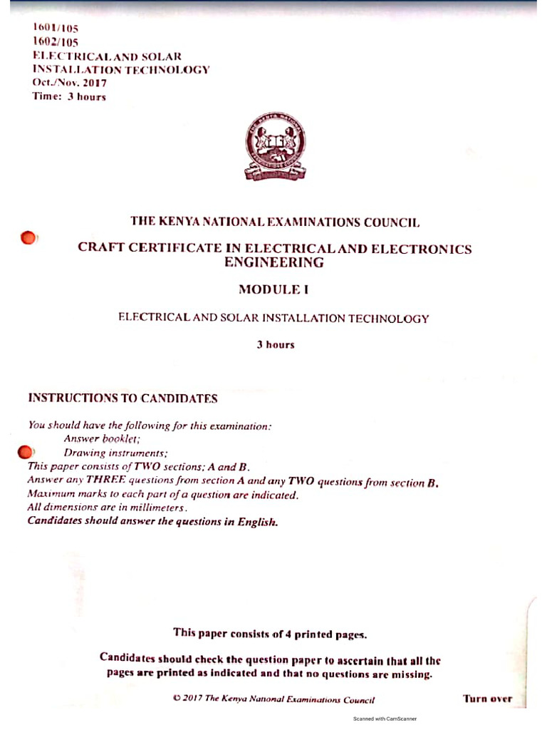 Solar - Electrical 2017 KNEC Examination | PDF