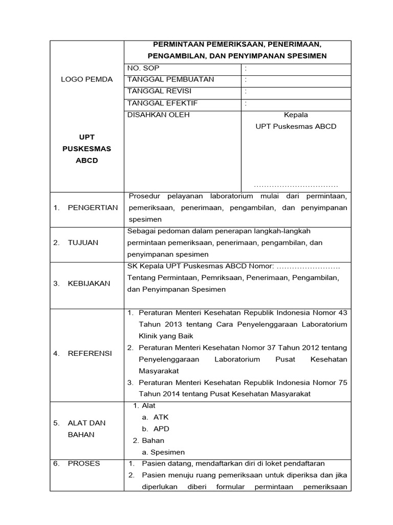 Sop Permintaan Pemeriksaan, Penerimaan, Pengambilan, Dan Penyimpanan Spesimen | PDF