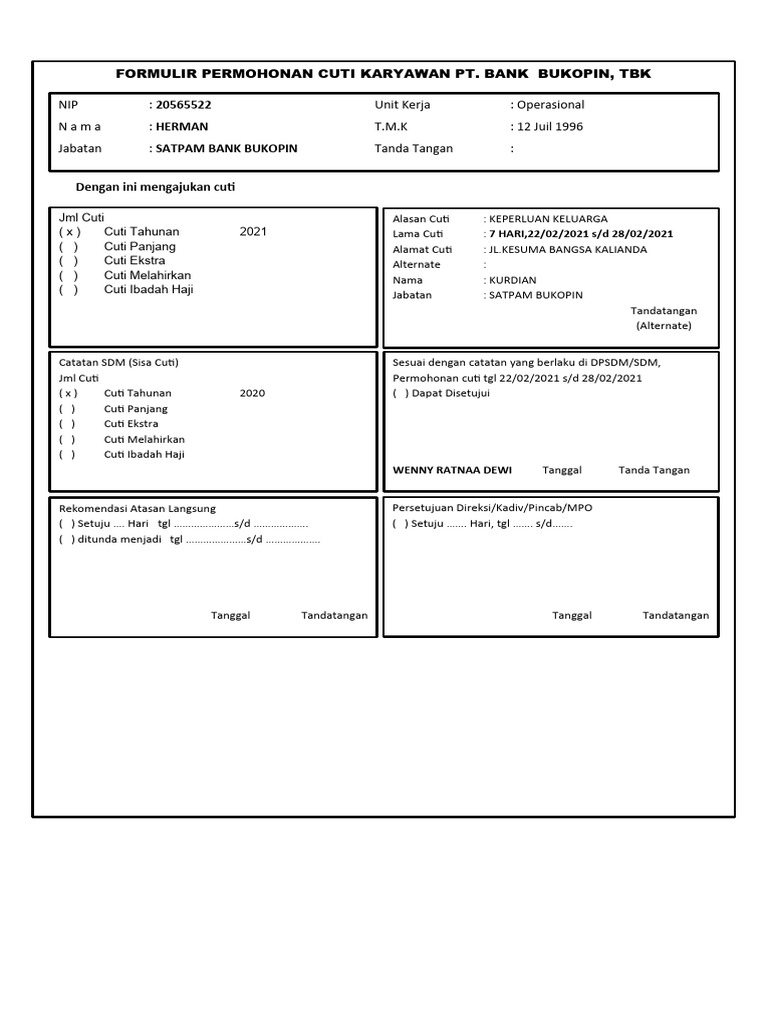 Formulir Permohonan Cuti Karyawan Pt. Bank Bukopin, TBK | PDF