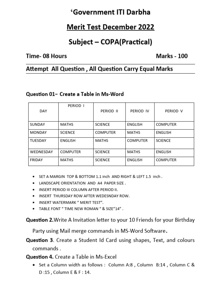 Government ITI Darbha Merit Test December 2022 Subject - COPA ...