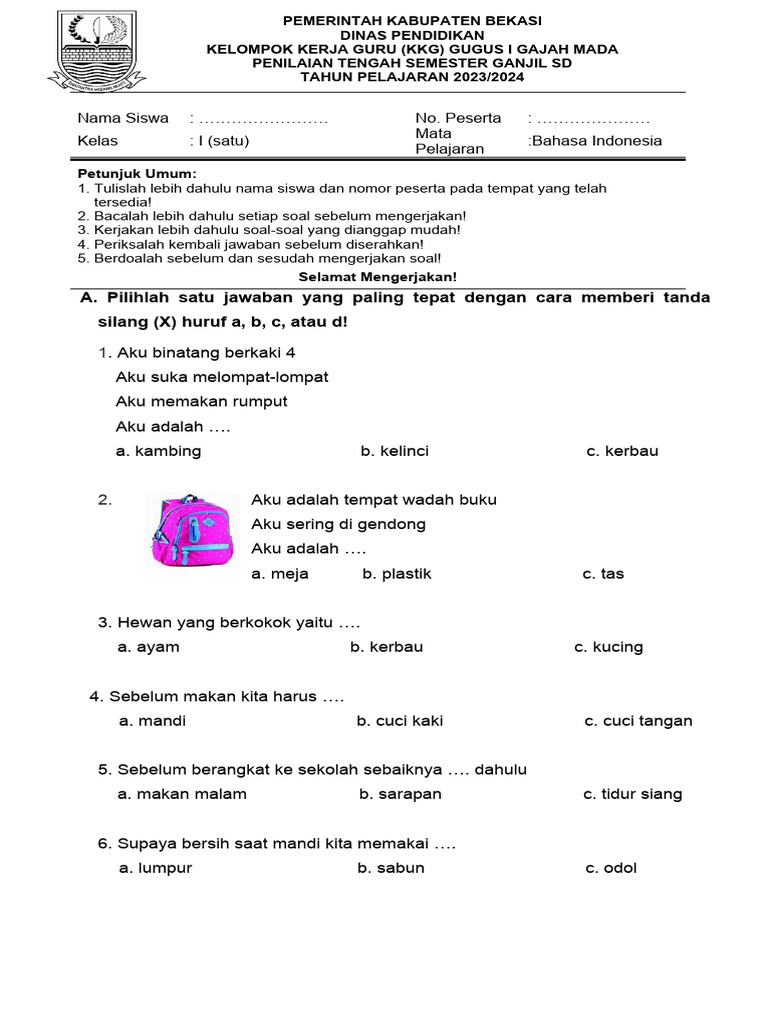 Soal Bahasa Indonesia KLS 1 | PDF