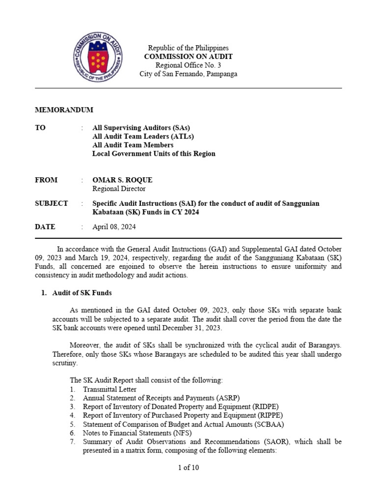 SK Funds Audit Instructions 2024 | PDF | Audit | Receipt