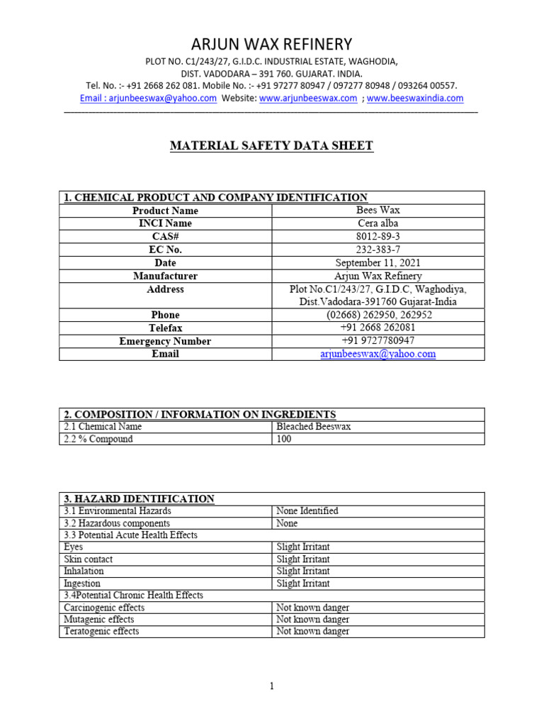 Arjun Beeswax MSDS Overview | PDF | Dangerous Goods | Water