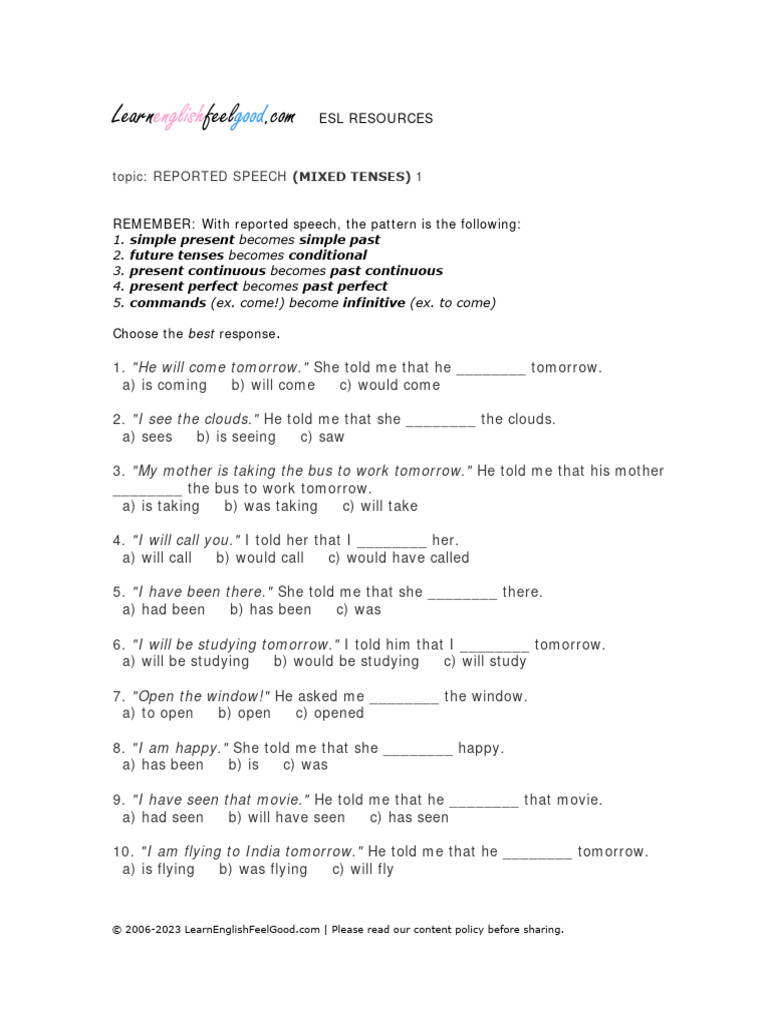 Reported Speech Mixed Tenses Quiz | PDF | Language Arts & Discipline