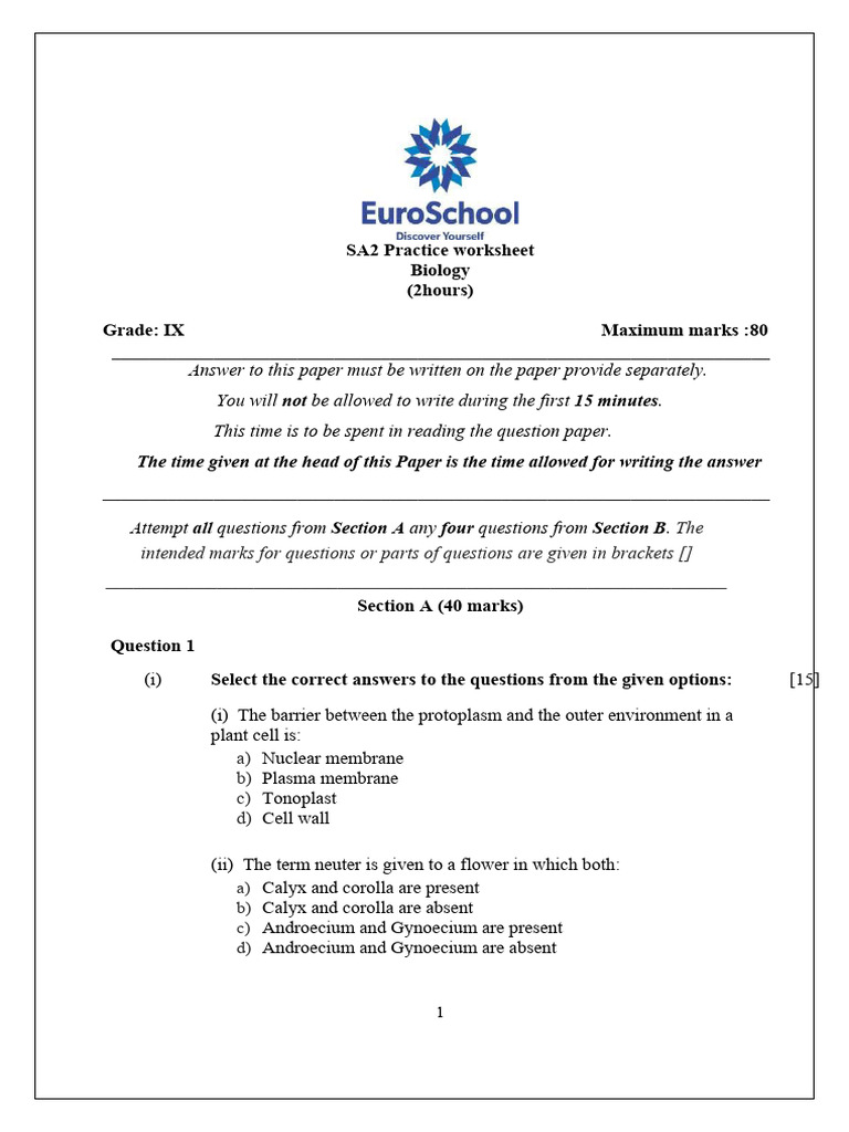 Grade 9 Bio Practice Worksheet SA2 2022 | PDF | Epithelium | Flowers