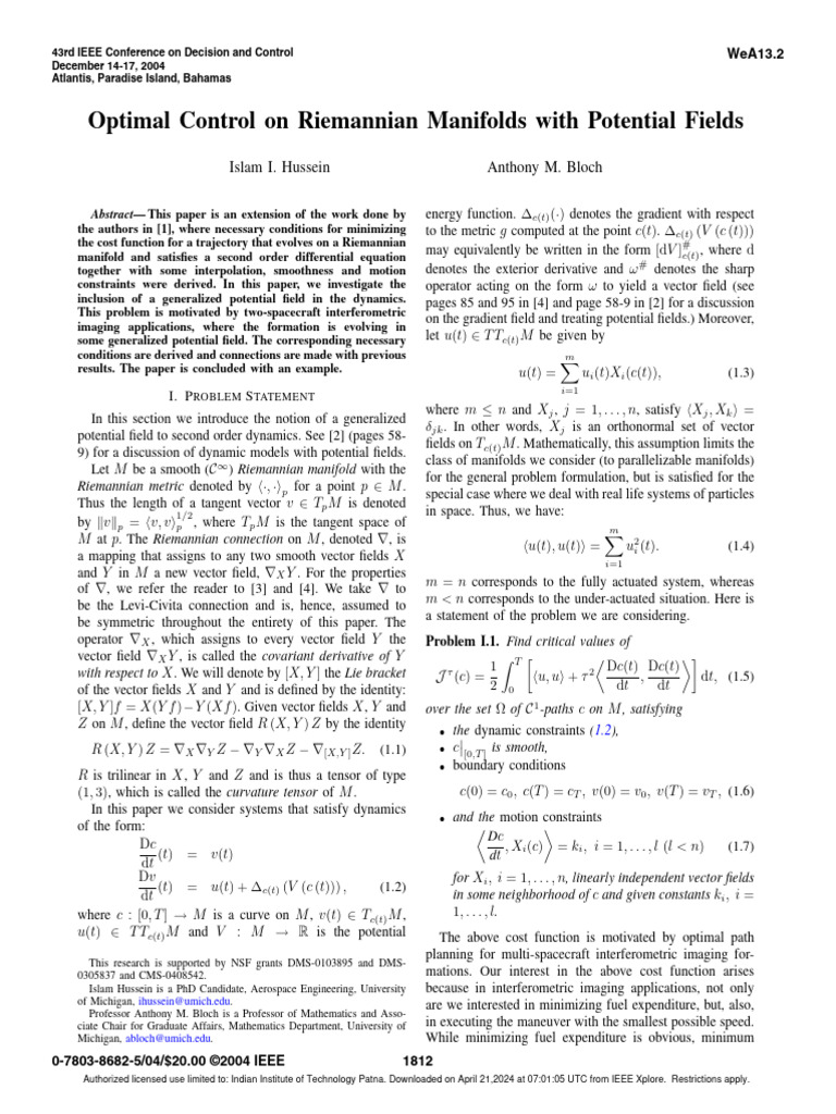 Optimal Control On Riemannian Manifolds With Potential Fields | PDF | Vector Space ...