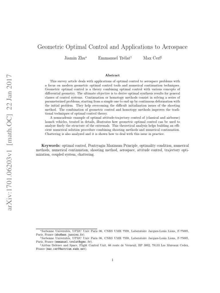 Geometric Optimal Control and Applications To Aerospace: Jiamin Zhu Emmanuel Trélat Max Cerf ...