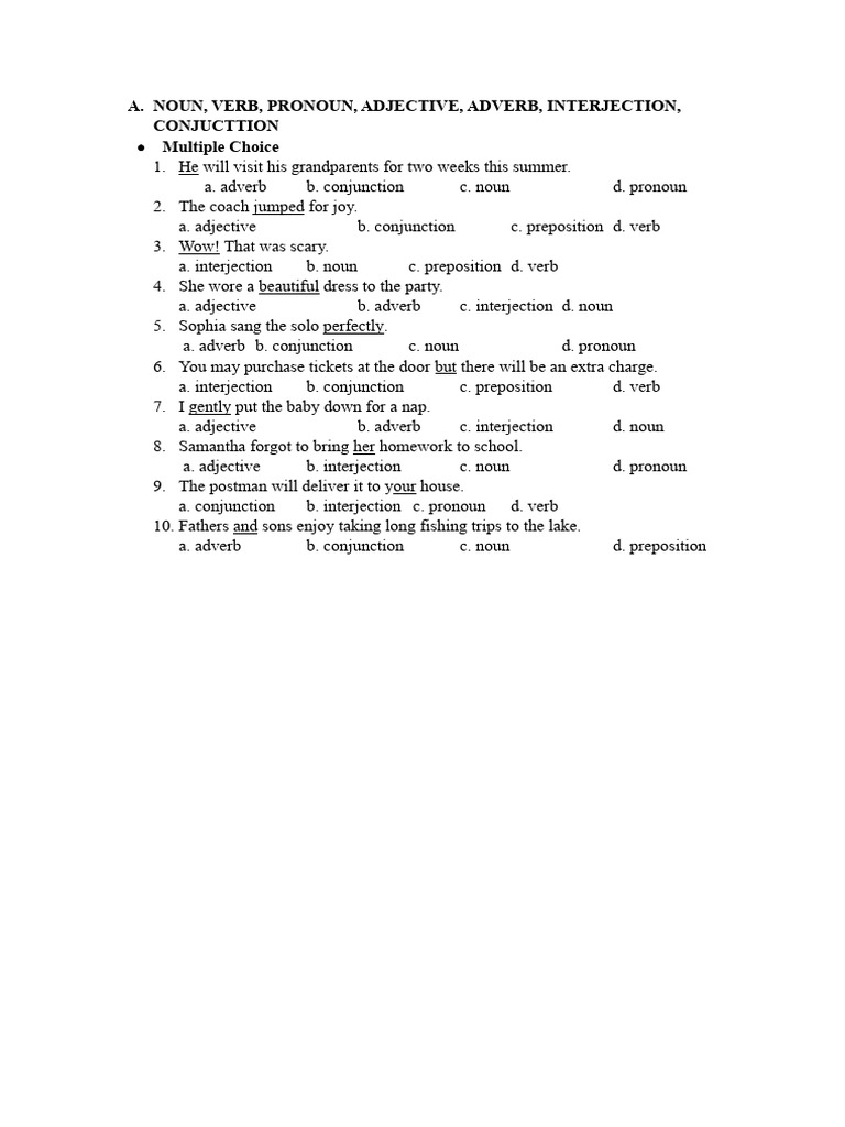 Noun, Verb, Pronoun, Adjective, Adverb, Interjection, Conjucttion | PDF