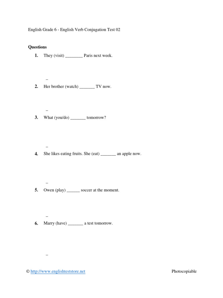 English Grade 6 - English Verb Conjugation Test 02 | PDF