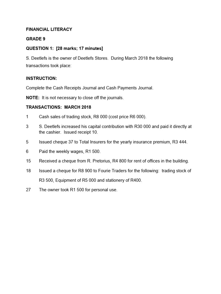 Grade 9 Term 1 Financial Literacy | PDF | Debits And Credits | Cheque