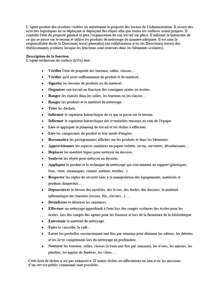 Rôle de l'Agent Technicien de Surface | PDF
