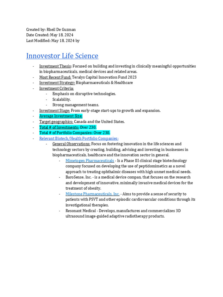 Cedric Bisson - Investors Brief | PDF | Biopharmaceutical | Health Care