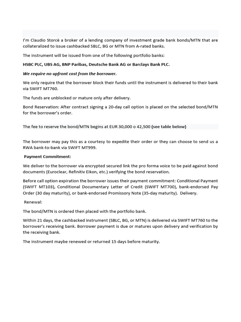No Upfront Fee SBLC Leasing Process | PDF | Letter Of Credit | Banks