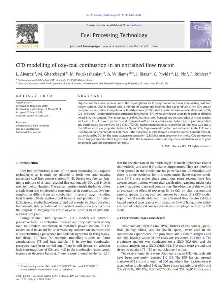 CFD Modelling of Oxy-Coal Combustion in An Entrained Flow Reactor | PDF | Combustion | Carbon ...