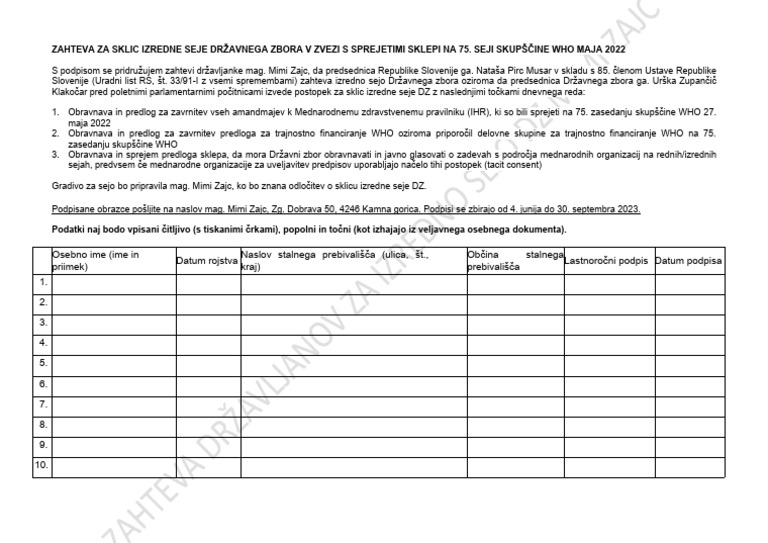 Obrazec Za Podpis Za Sklic Izredne Seje DZ Zahteva Drzavljanov Rok 30. September | PDF