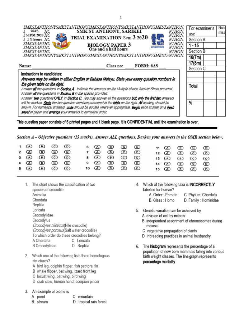 2020 SAS Sem3 TR QP | PDF | Gene | Dna Replication