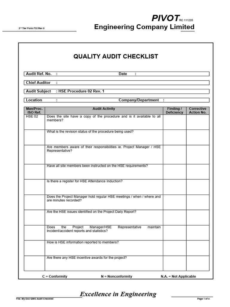 Quality Audit Checklist for HSE Compliance | PDF | Audit | Occupational ...