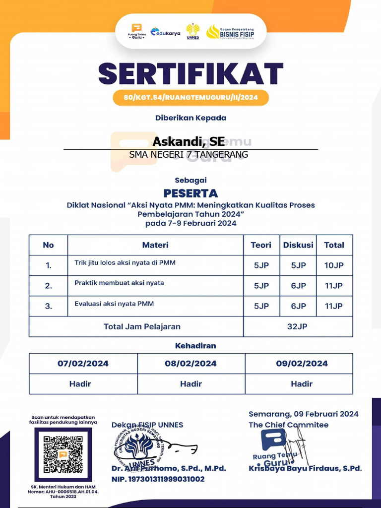 Sertifikat Diklat Askndi 32 JP | PDF
