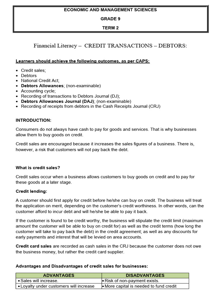 Unit 2 Debtors Content and Activities | PDF | Credit | Finance & Money ...