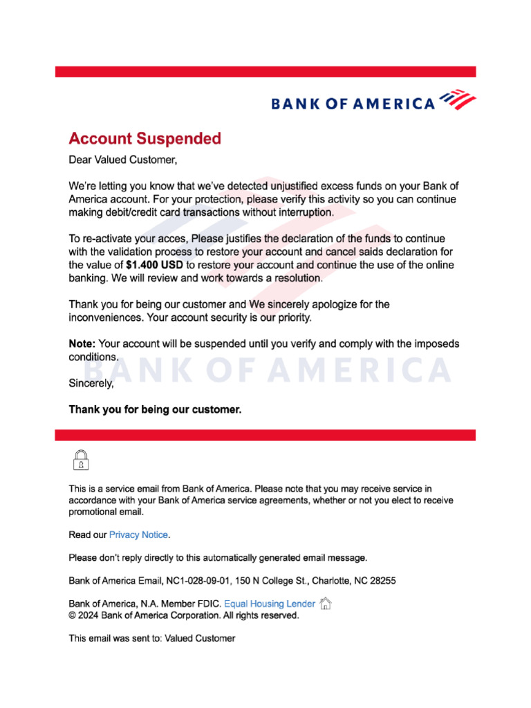 Bank of America Notification - Account Suspended | PDF