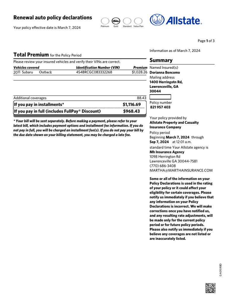 Allstate Policy (Dorianna Bencomo) | PDF | Vehicle Insurance | Insurance