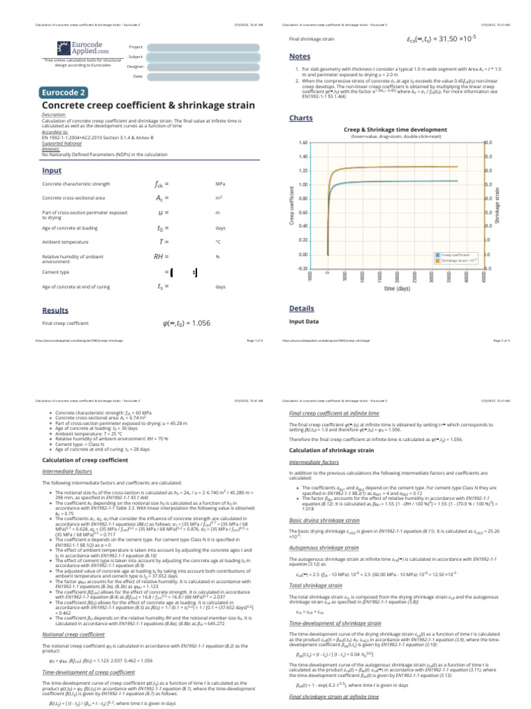 Calculation of Concrete Creep Coefficient & Shrinkage Strain - Eurocode ...