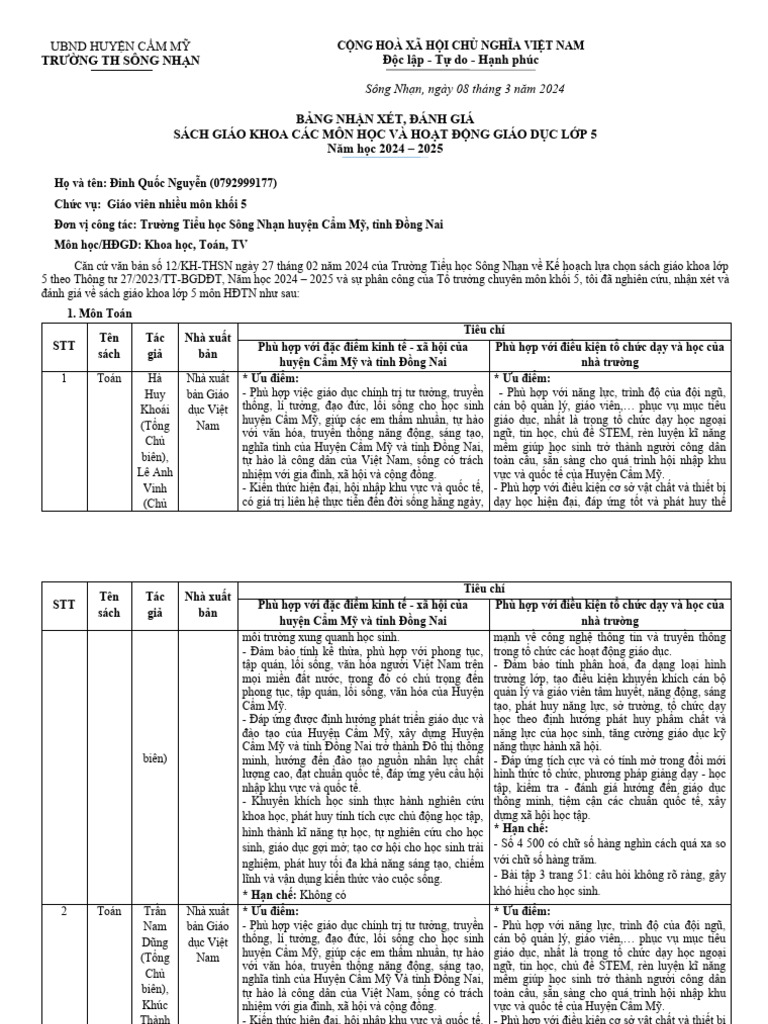 Bang Nhan Xet Danh Gia Sach Giao Khoa Cac Mon Hoc | PDF