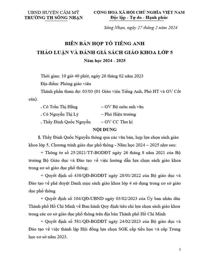 Bien Ban Hop To Tieng Anh Thao Luan Va Danh Gia Sach Giao Khoa Lop 5 | PDF