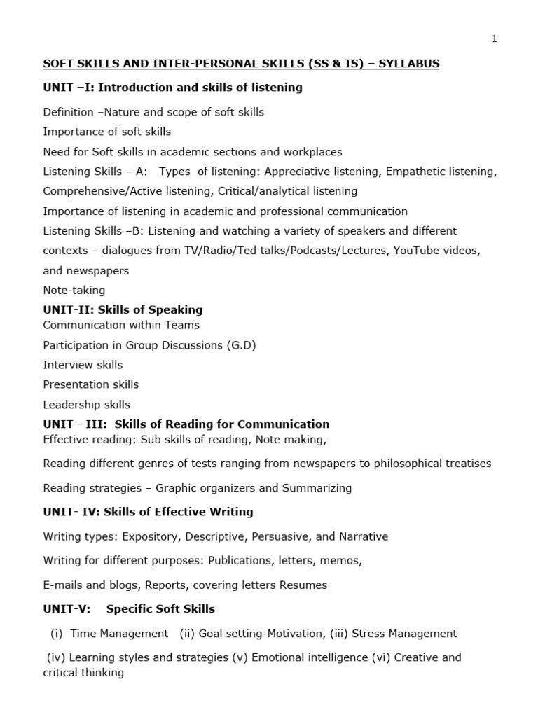 Soft Skills and Inter-Personal Skills (Ss & Is) - Syllabus UNIT - I: Introduction and Skills of ...