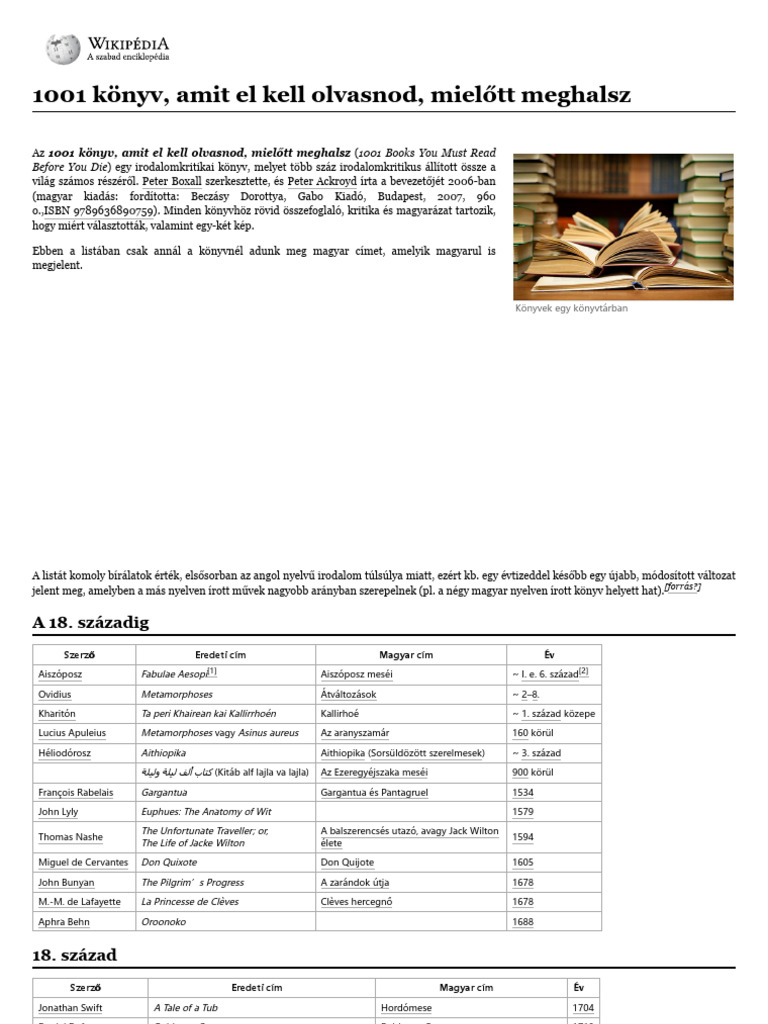 1001 Könyv, Amit El Kell Olvasnod, Mielőtt Meghalsz - Wikipédia | PDF