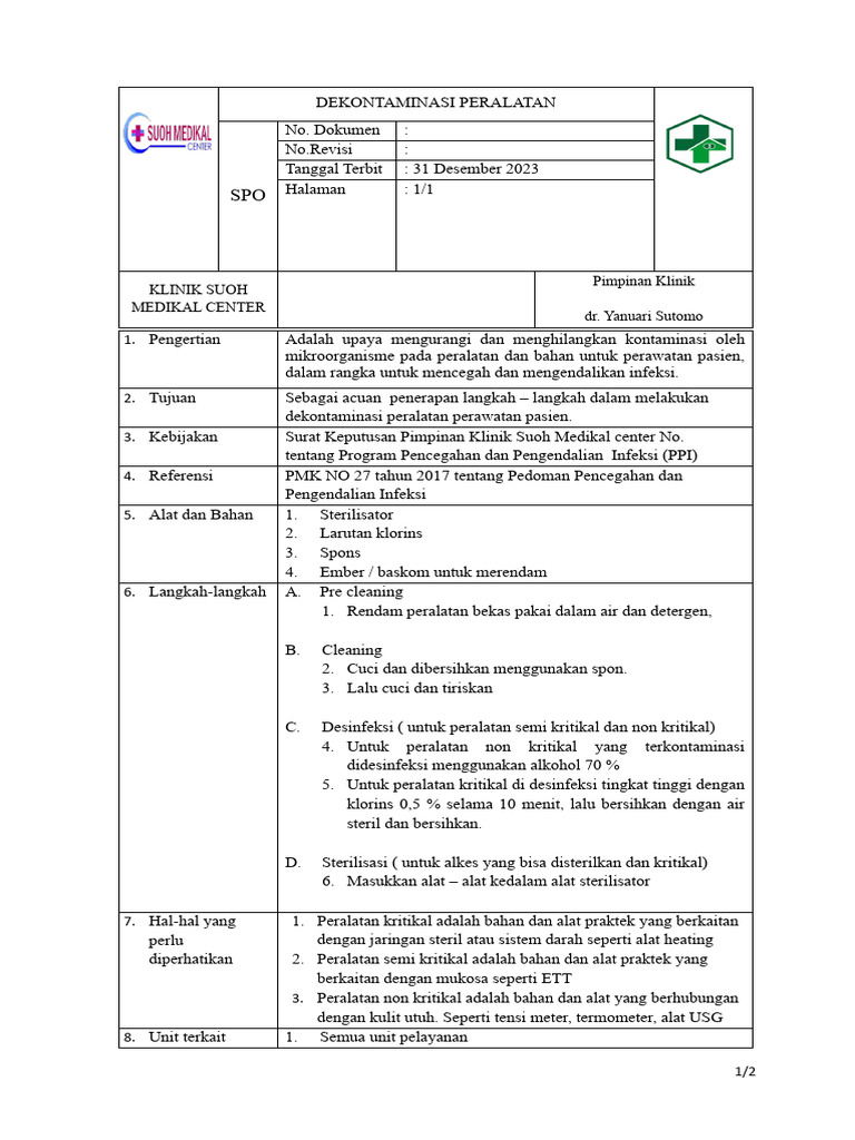 2.3.ep.1. Spo Dekontaminasi Peralatan Perawatan Pasien | PDF
