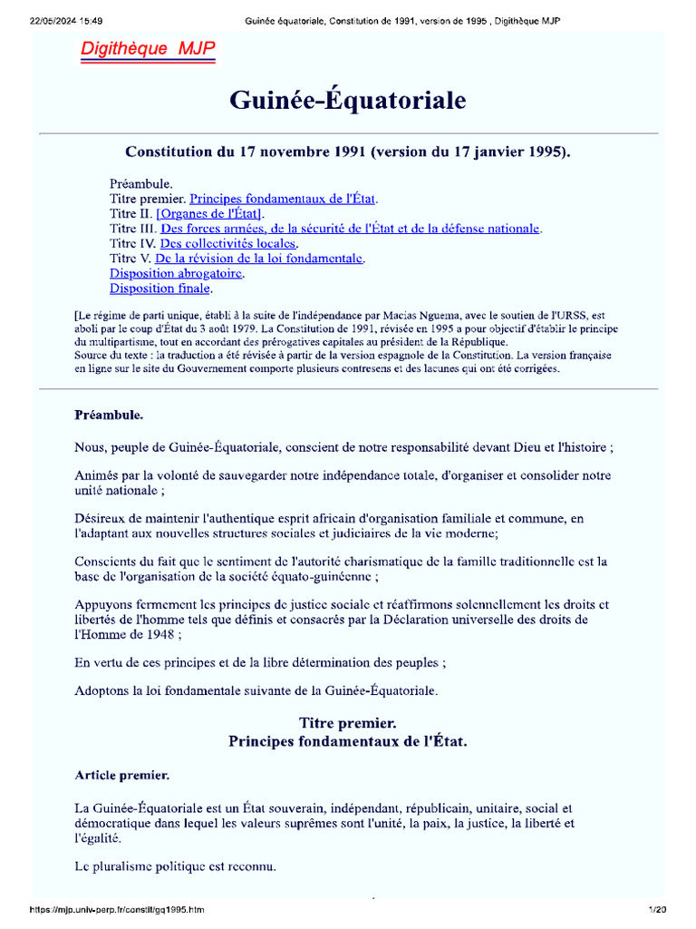 Guinée Équatoriale, Constitution de 1991, Version de 1995, Digithèque MJP | PDF