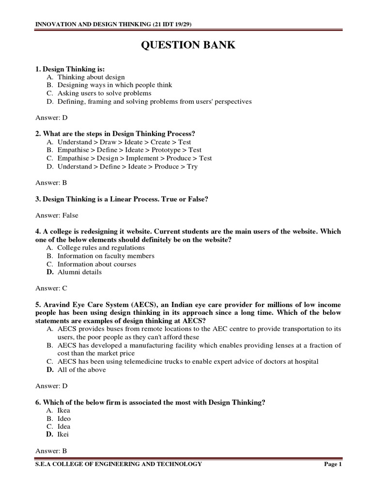 IDT Question Bank Set2 | Download Free PDF | Design Thinking | Innovation