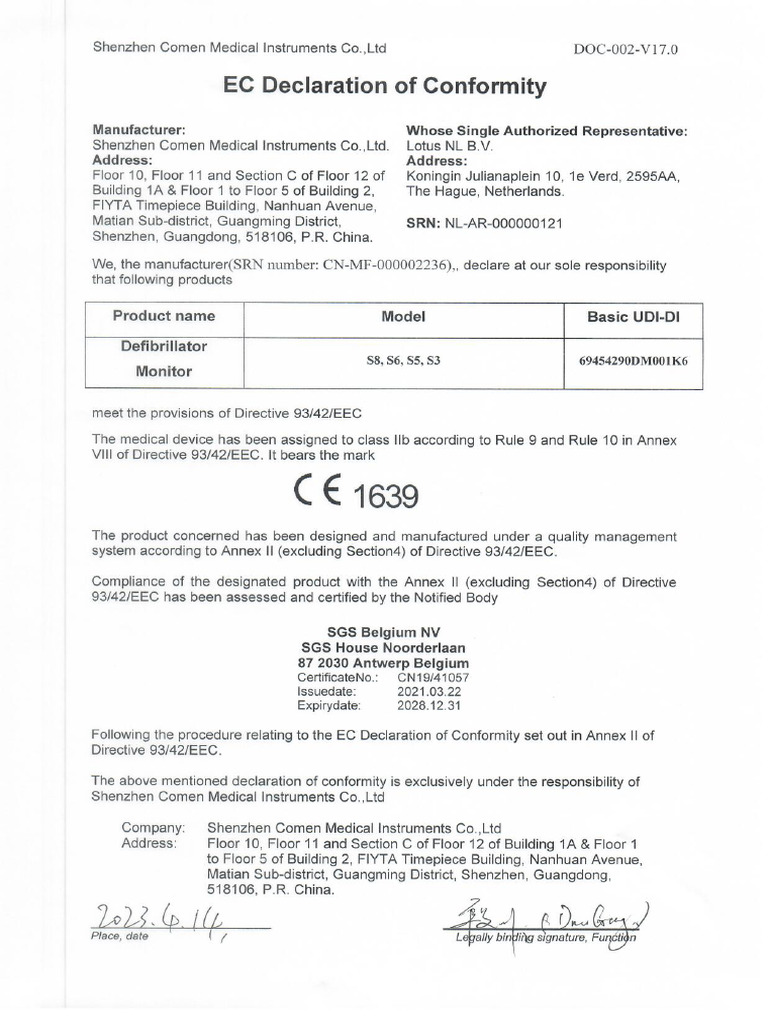 Defibrillator Monitor S8 S6 S5 S3-EC Declaration of Conformity | PDF