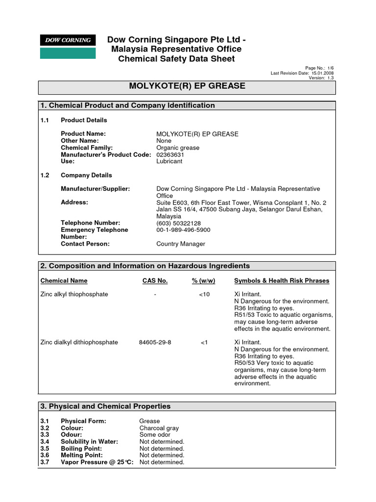 Molykote EP Grease Safety Data Sheet | PDF | Labor Relations | Chemistry