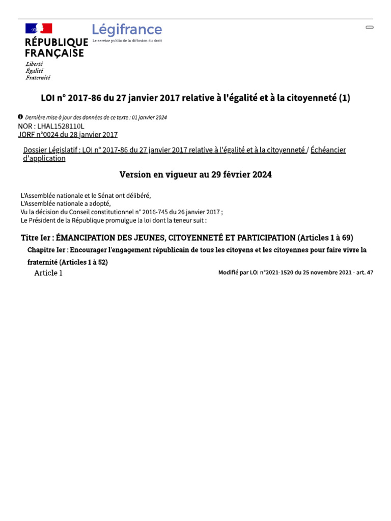 LOI N° 2017-86 Du 27 Janvier 2017 Relat | PDF