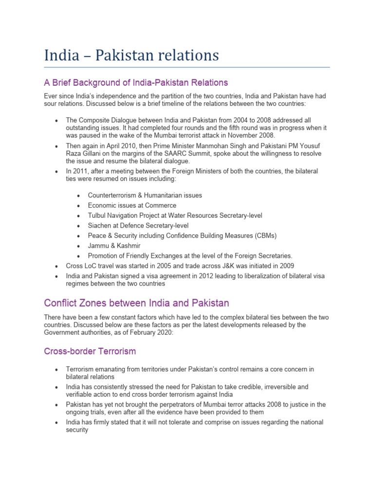 India - Pakistan Relations | PDF | India–Pakistan Relations